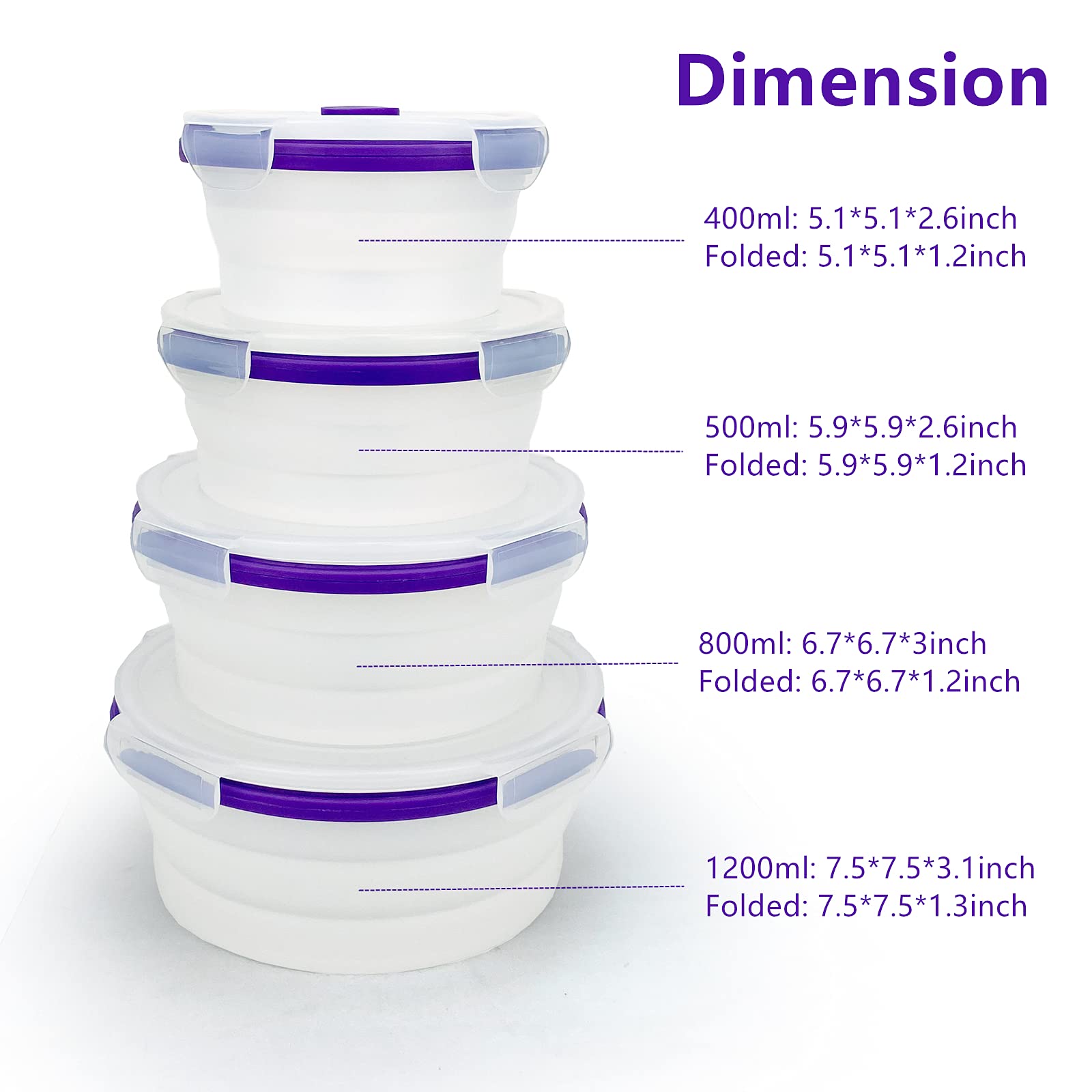 CCyanzi Round Silicone Food Grade Lunch Containers, Collapsible Bowl with lids | Space Saving | Leakproof | Microwave Freezer Safe | Silicone Food Conatiners for Sandwich, Snacks,Purple