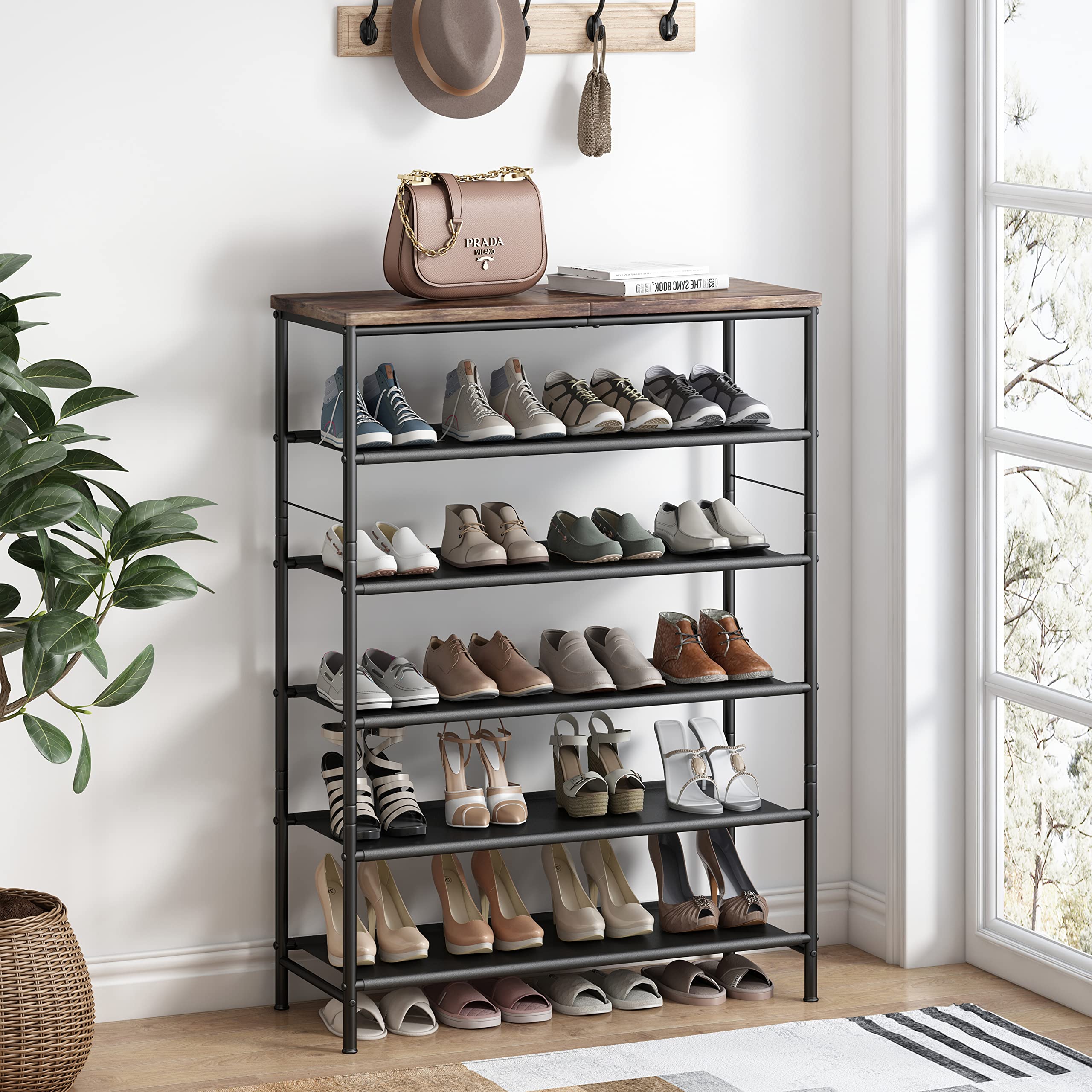 INGIORDAR Shoe Rack Organizer 6 Tier Metal Organizer Shelf with Industrial MDF Board and Layer Fabric for Entryway Closet Bedroom Living Room Garage,Black & Rustic Brown