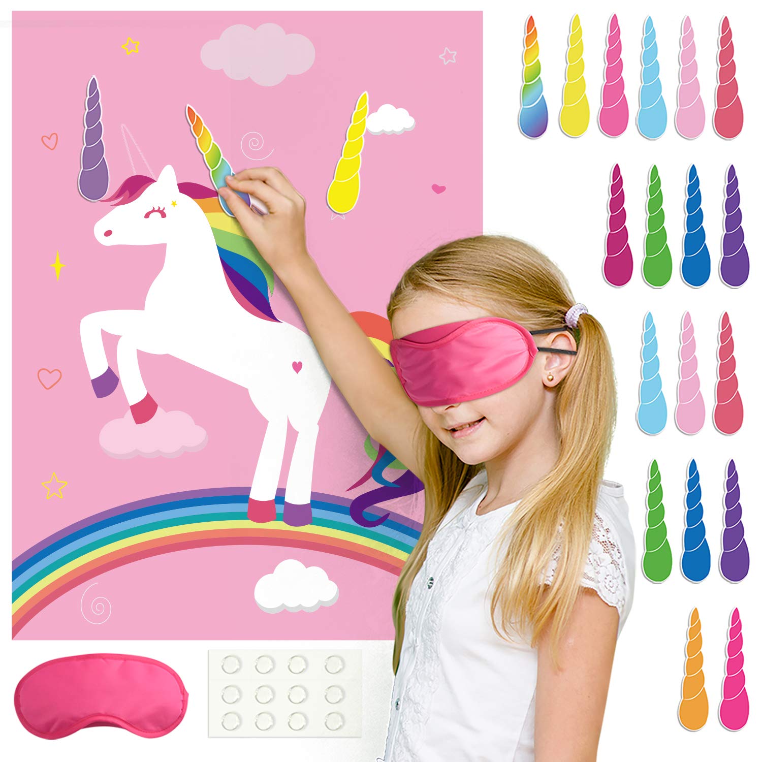 FEPITO Birthday Party Game for Kids Pin The Horn on Unicorn-Game Poster with 24 Horn Stickers Pin The Tail Game for Girl Unicorn-Birthday Rainbow Party Favors Supplies Wall Home Room Decorations