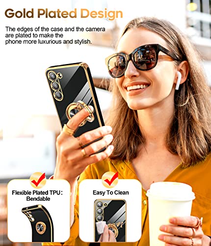 LeYi for Samsung Galaxy S23 Case 360° Rotatable Ring Holder Magnetic Kickstand, Plating Rose Gold Edge Protective Case, Black