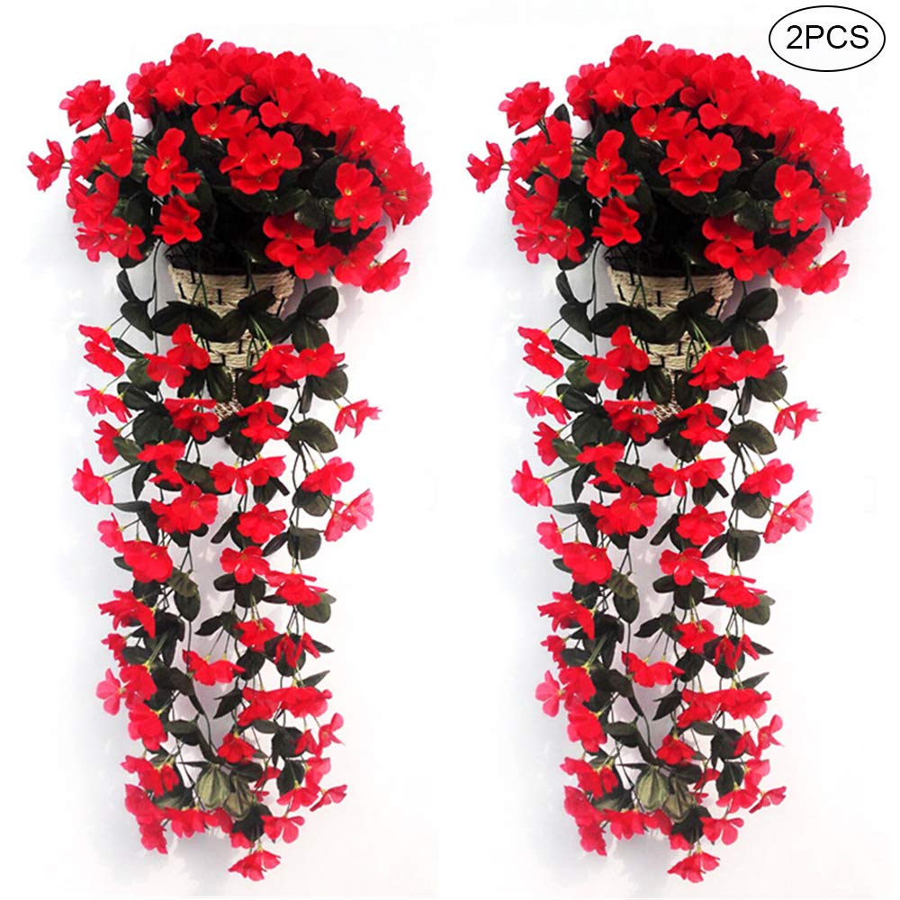 Takefuns 2Pcs Artificial Violet Flower Hanging Vine Garland, Wall Wisteria Basket, Simulation Rattan Plant for Outdoor Balcony Garden Party Wedding Decorations (Red)