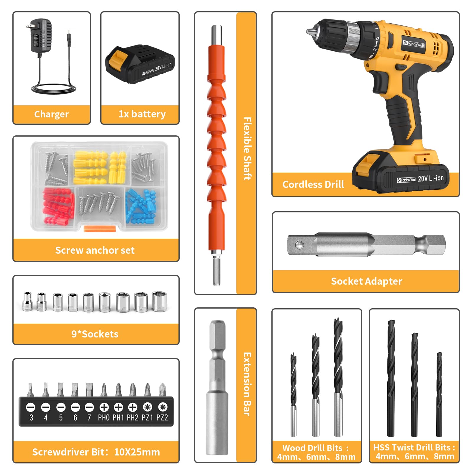FADAKWALT Cordless Drill Set, 20V Electric Power Drill with Battery And Charger, Torque 30N, 21+1 Torque Setting, 3/8-Inch Keyless Chuck, Drill Driver Bits Kit, with LED Electric Drill Set. (Yellow)
