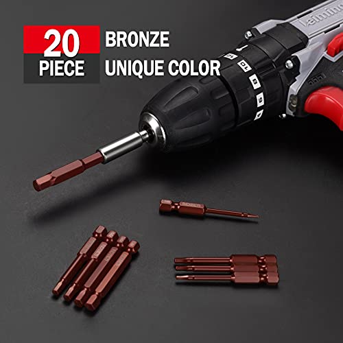 REXBETI 20 Piece Hex Head Allen Wrench Screwdriver Bit Set, Bronze SAE Metric 1/4 Inch Hex Shank S2 Steel Magnetic 2.3 Inch Long Drill Bits with Storage Box