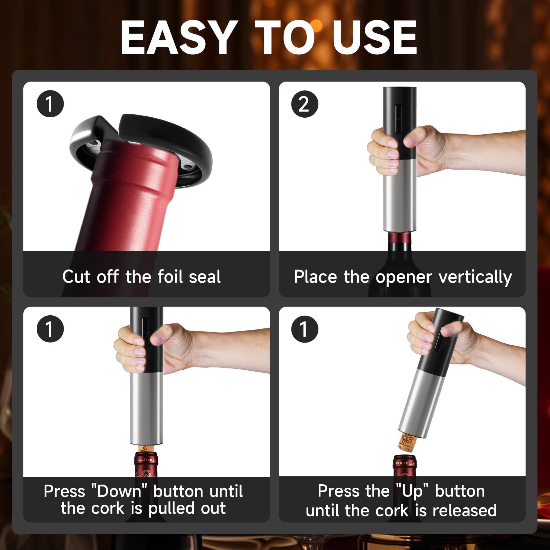 Electric Wine Opener, Automatic Wine Bottle Corkscrew with Air Pump, Foil Cutter, Pourer, Vacuum Stoppers (4PCS), Professional Easy Rechargeable Vino Opener Set Suitable for Home, Travel