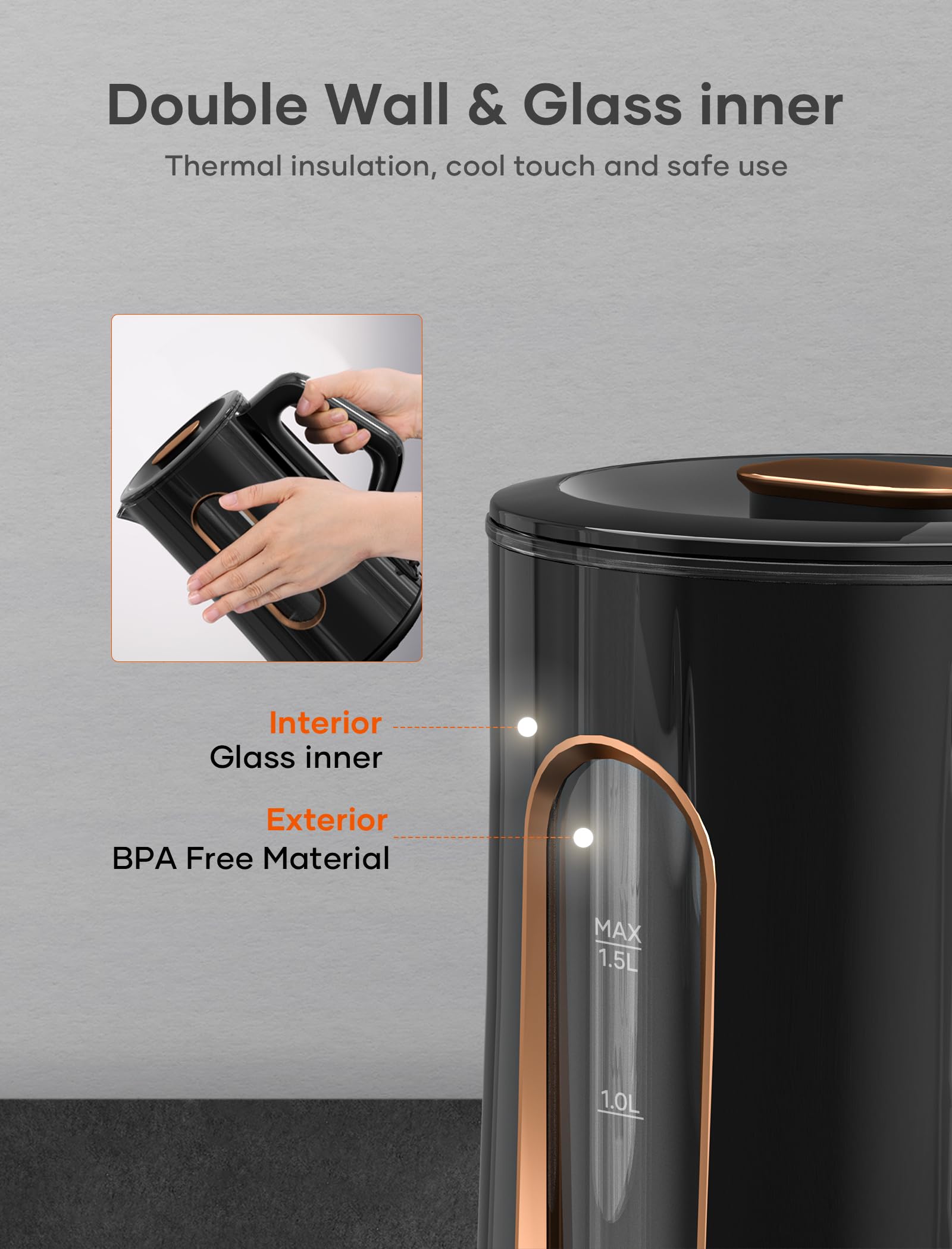 INTASTING Electric Kettle, Double Wall Glass Inner, Hot Water Boiler Heater Pot, 1.5-Liter, 1200 Watts for Fast Boiling, 53oz BPA Free, Glossy Black