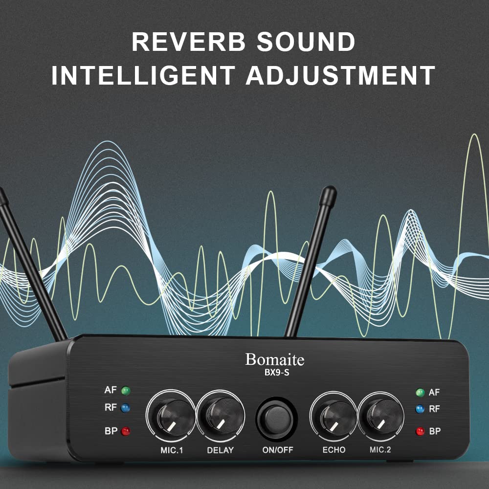 Bomaite BX9-S UHF Wireless Microphone System, Karaoke Microphone Wireless Mic Cordless Dual with Volume Control and Echo,DEALY for Karaoke Singing Speech Meeting Church DJ Party, 165FT