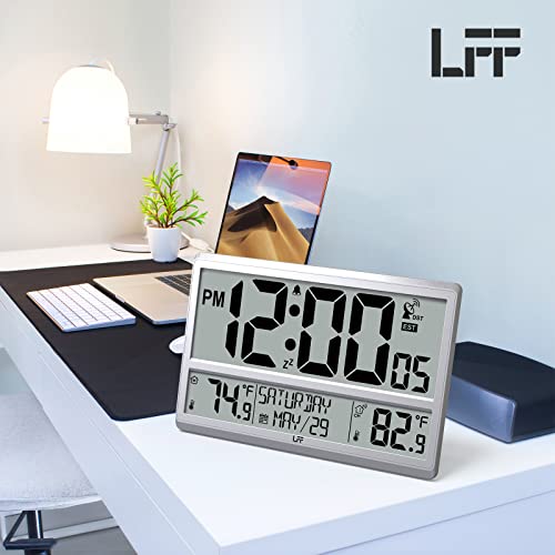 LFF Atomic Clock 4.5" Numbers, Atomic Wall Clock with Indoor & Outdoor Temperature,Never Needs Setting, Battery Operated, Date, Time, Wireless Outdoor Sensor, Jumbo Display Easy to Read