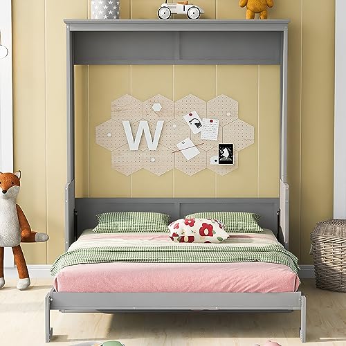 BOVZA Queen Murphy Bed with a Shelf, Space-Saving Wall Bed for Guest Room or Home Office, Gray