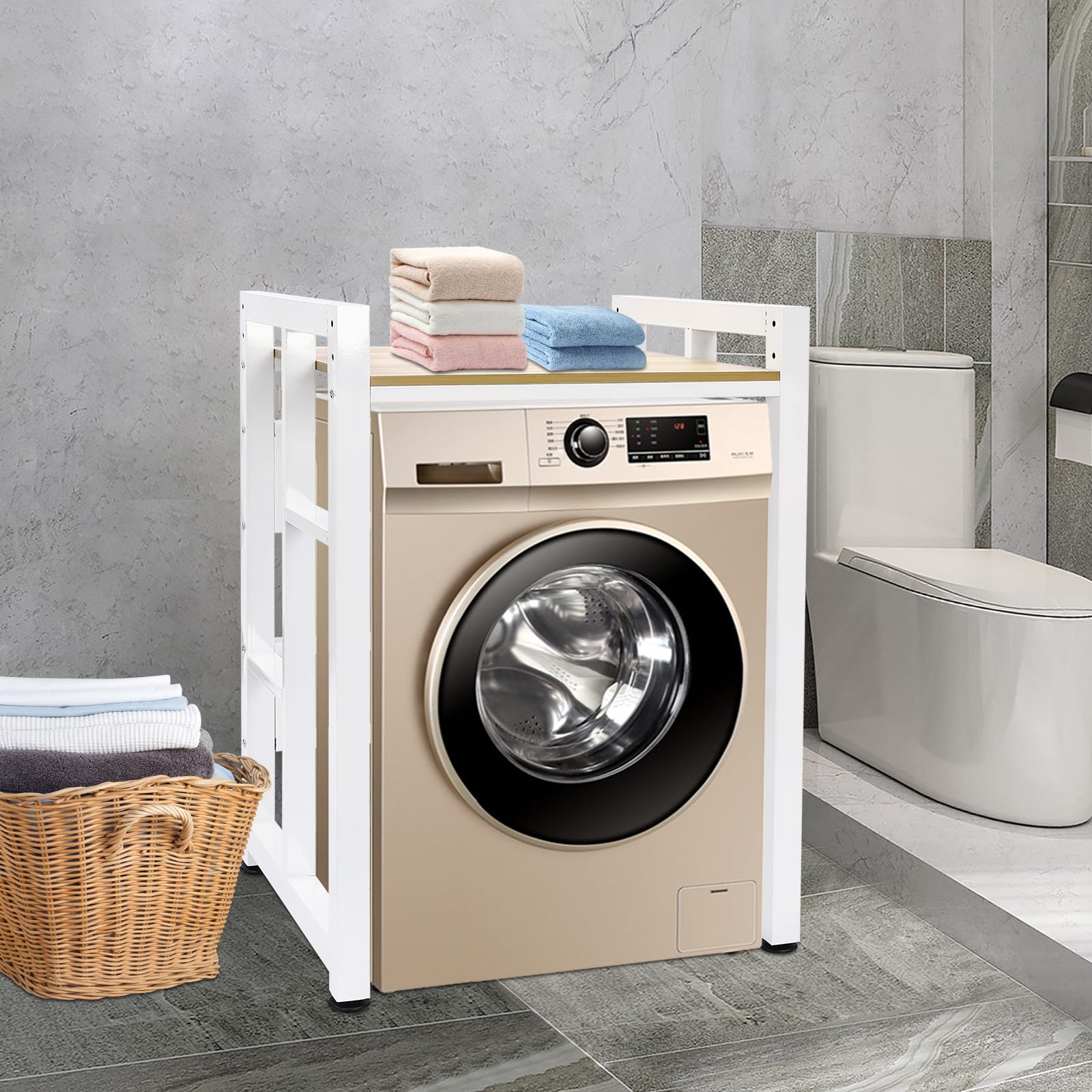 CeRaBuRET Washer and Dryer Rack, Washer and Dryer Storage Shelf, Washer Dryer Stacking Rack Stand for Bathroom, Freestanding Bathroom Organizer Storage for Home Using (White, Light Walnut)