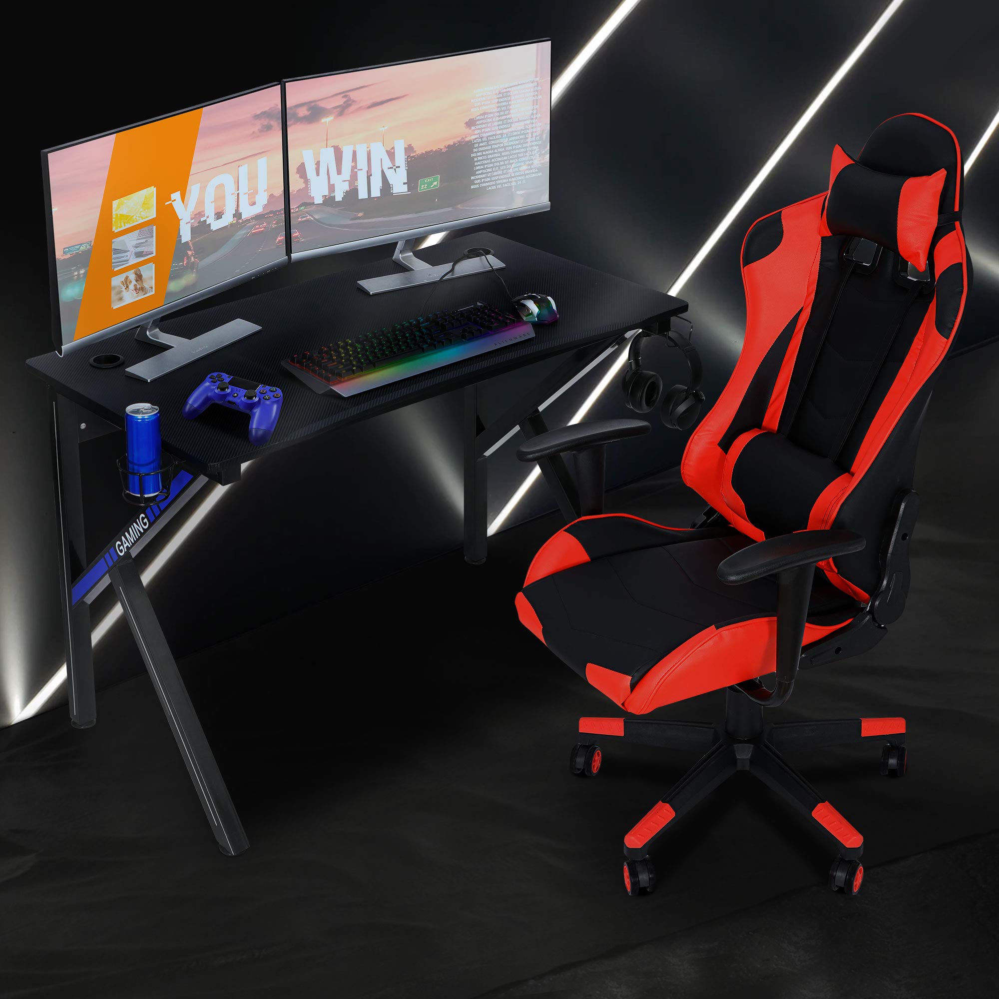 SUPER DEAL Gaming Desk 45" W x 23" D x 30" H Home Office Computer Desk w/Power Outlet, Free Red and Blue Stickers, Cup Holder, Headphone Hook, Black