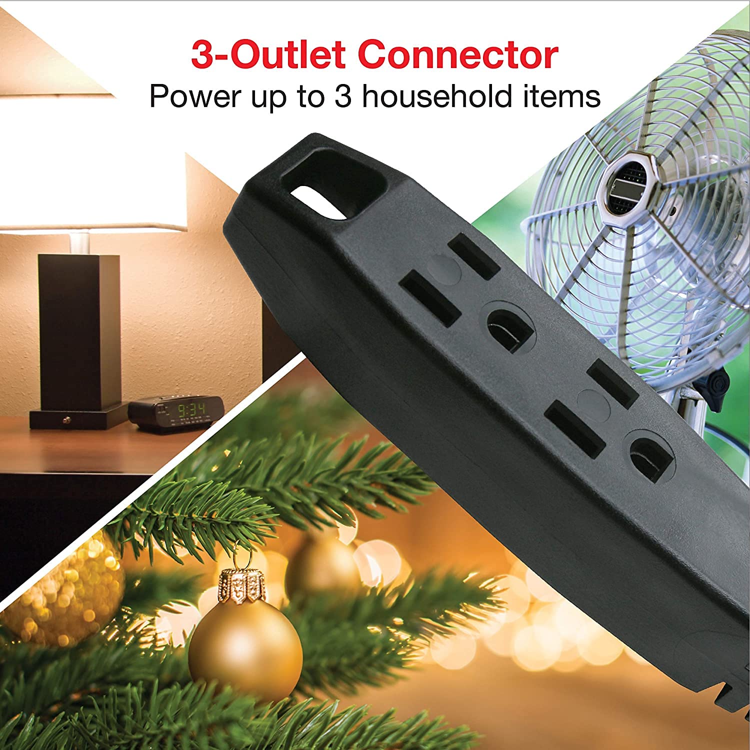 Clear Power 2-Pack 6 ft Indoor Extension Cord 3 Grounded Outlets 16/3 SPT-2, 3 Prong Low-Profile Flat Plug, Black, DCIC-00472P-DC