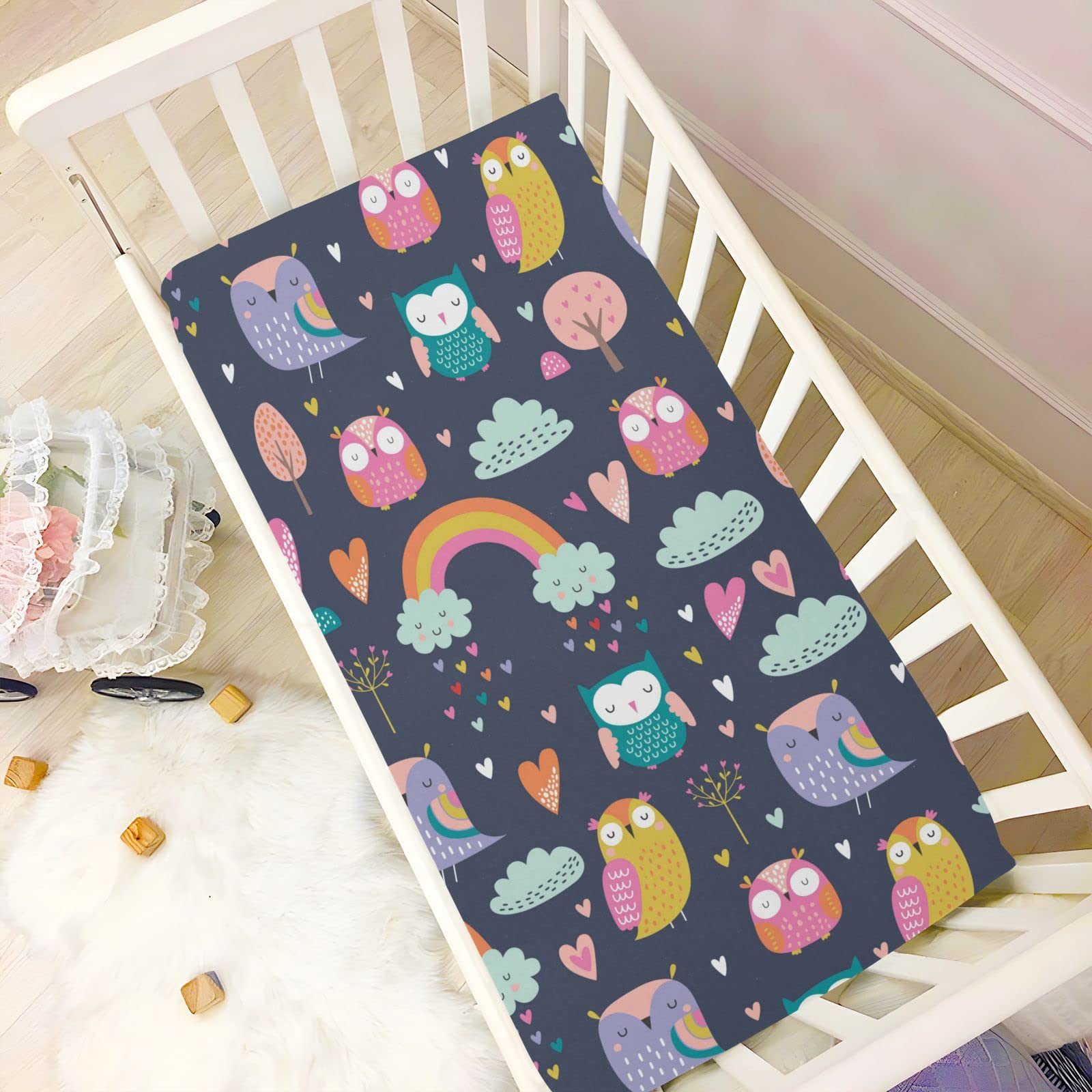 Cute Owl Rainbow Fitted Crib Sheet for Girls and Boys,Soft Breathable Polyester Baby Sheet for Standard Size Crib Mattress 21163978
