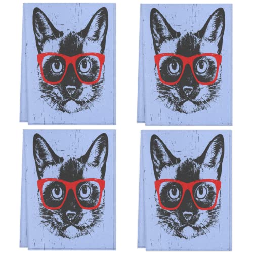 Cat Face Glasses Kitchen Towels and Dishcloths Set of 4-17.7" x 28.3" Absorbent Dish Towels with Hanging Loop Hand Towel for Farmhouse Bar Towels & Tea Towels