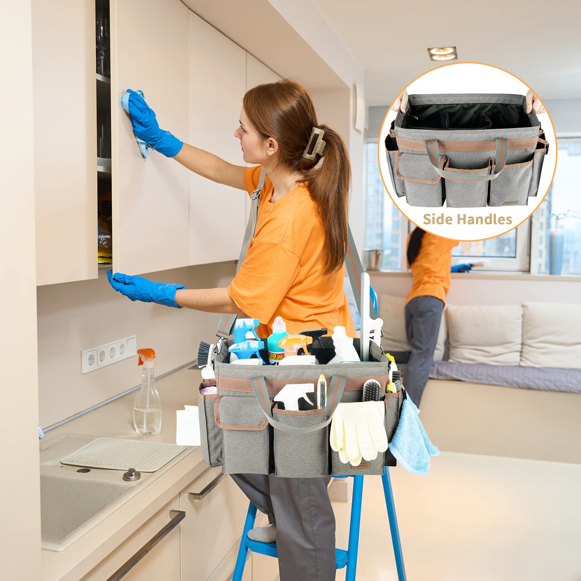 Cleaning Caddy, Cleaning Supplies Organizer with Handles for Cleaning Products Storage, Large Wearable Cleaning Tools Tote Bag for Housekeeping,Car,Home,Kitchen Work (Large, Grey)