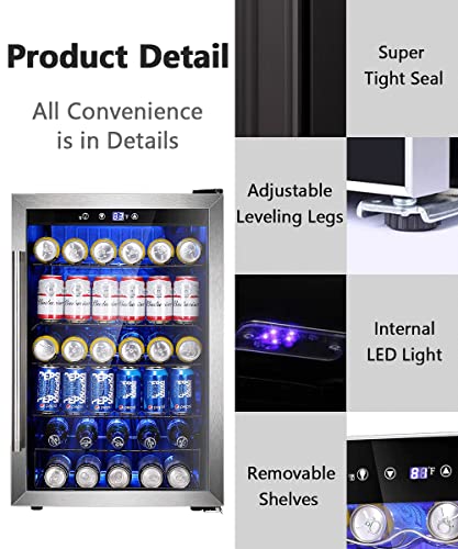 Joy Pebble Mini Fridge Beverage Cooler - 128 Can mini fridge with glass door for Soda Beer or Wine -Drink Dispenser Small Refrigerator with Adjustable Thermostat for Office Home (4.4 cu.ft)