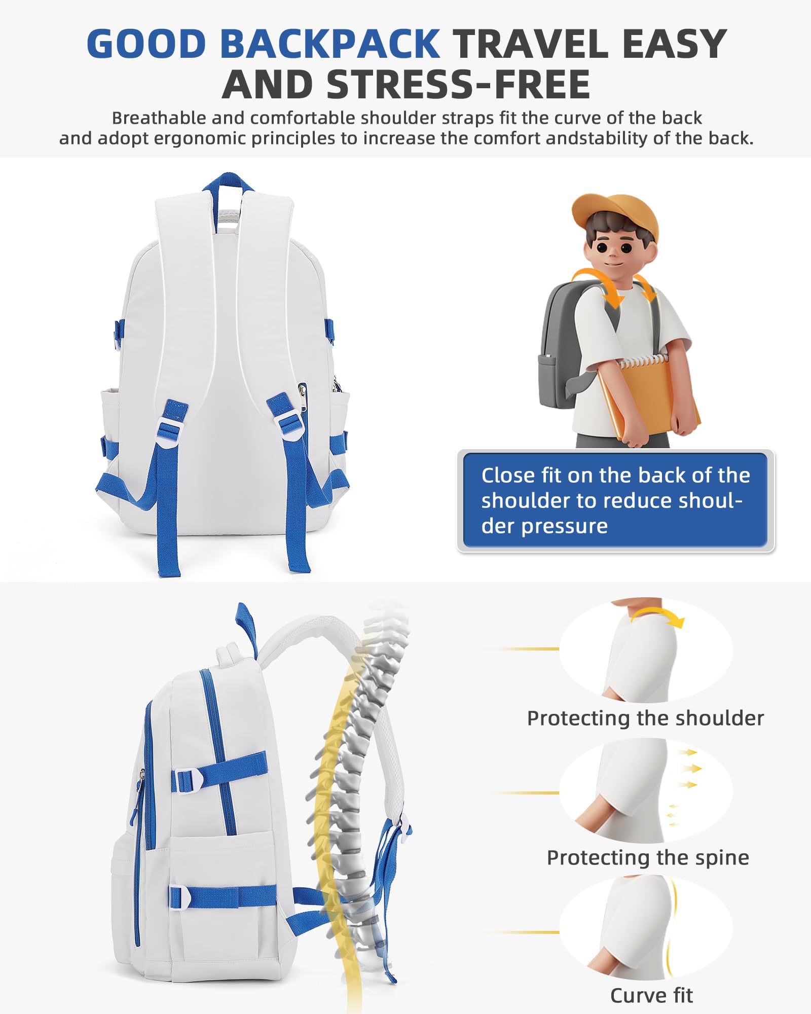 BOXSAM Lightweight Backpack for Women, Large Laptop Travel Backpack Casual Daypack College Bag Rucksack for Men. White