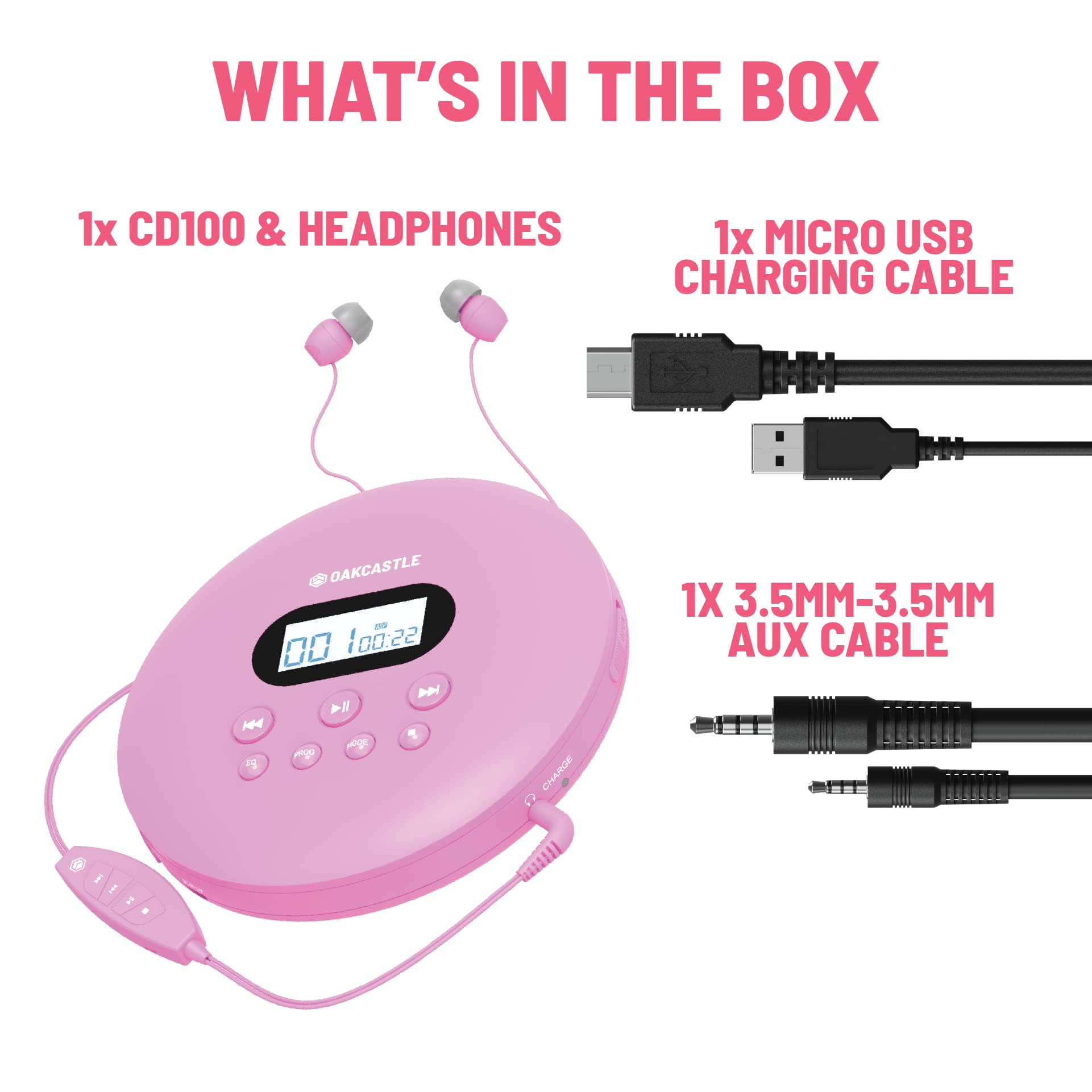 CD Player Portable, Rechargeable Portable CD Player w/Bluetooth 5.3, 12Hr Playtime, Small CD Players for Car (AUX only) | Oakcastle CD100 Portable CD Player w/Headphones, CD Walkman, Discman (Pink)