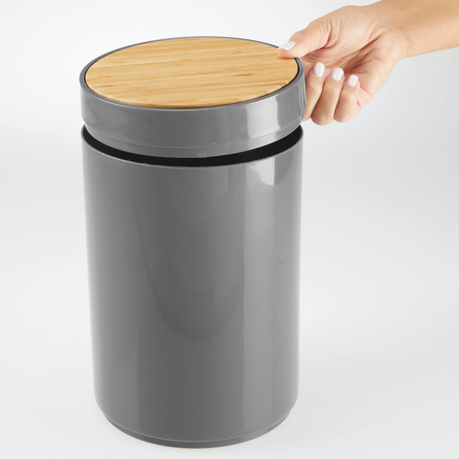mDesign Plastic Round Trash Can Small Wastebasket - Garbage Bin Container with Swing-Close Lid - Bathroom Garbage Basket - Holds Waste, Recycling - 1.3 Gallon - Basa Collection - Charcoal Gray/Natural