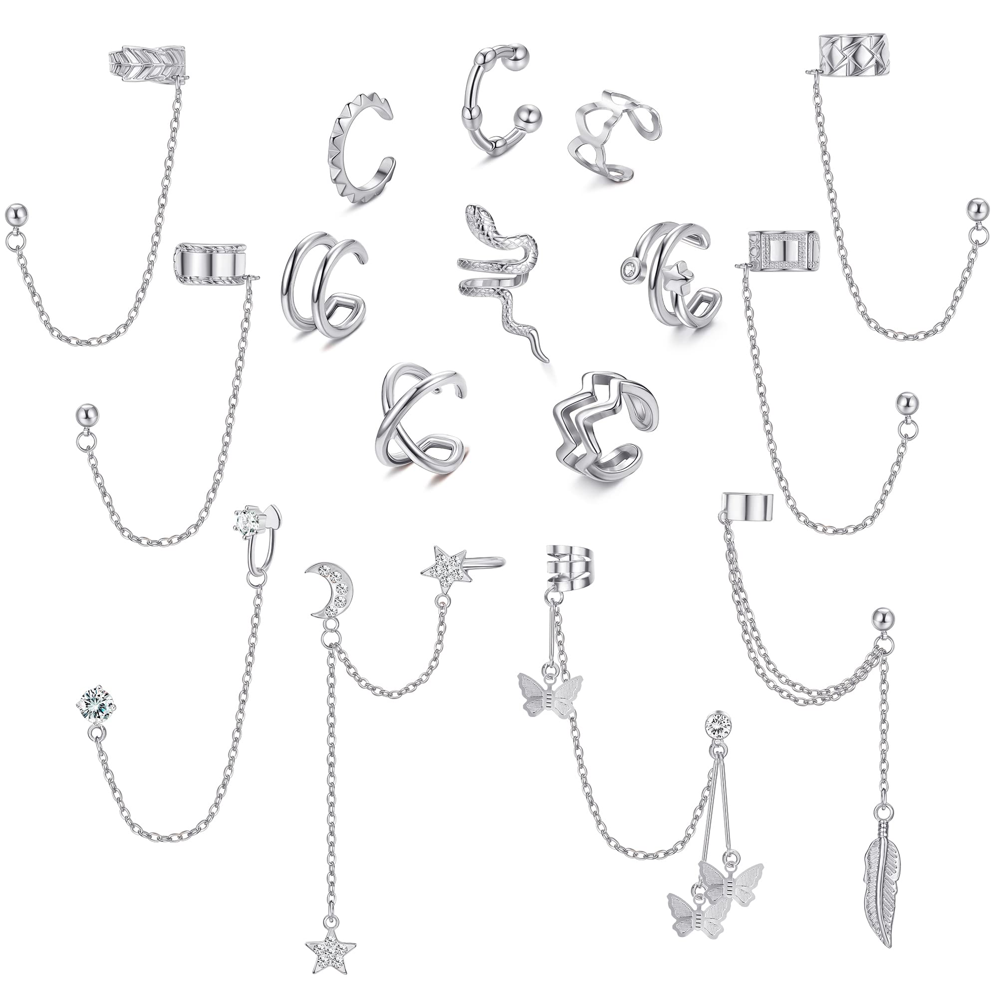 BESTEEL 16 Pcs Ear Cuff Earrings Set for Women Cuff Chain Earrings Helix Cartilage Cuff Earring Non Piercing Earring Pack Silver