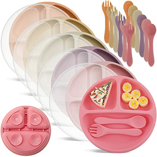 Meanplan 6 Pack Suction Plates with Lids Silicone Baby Plates Toddler Plates Divided Design Stay Put with Suction Feature BPA Free Microwave and Dishwasher Safe Assorted Colors (Cute Colors)