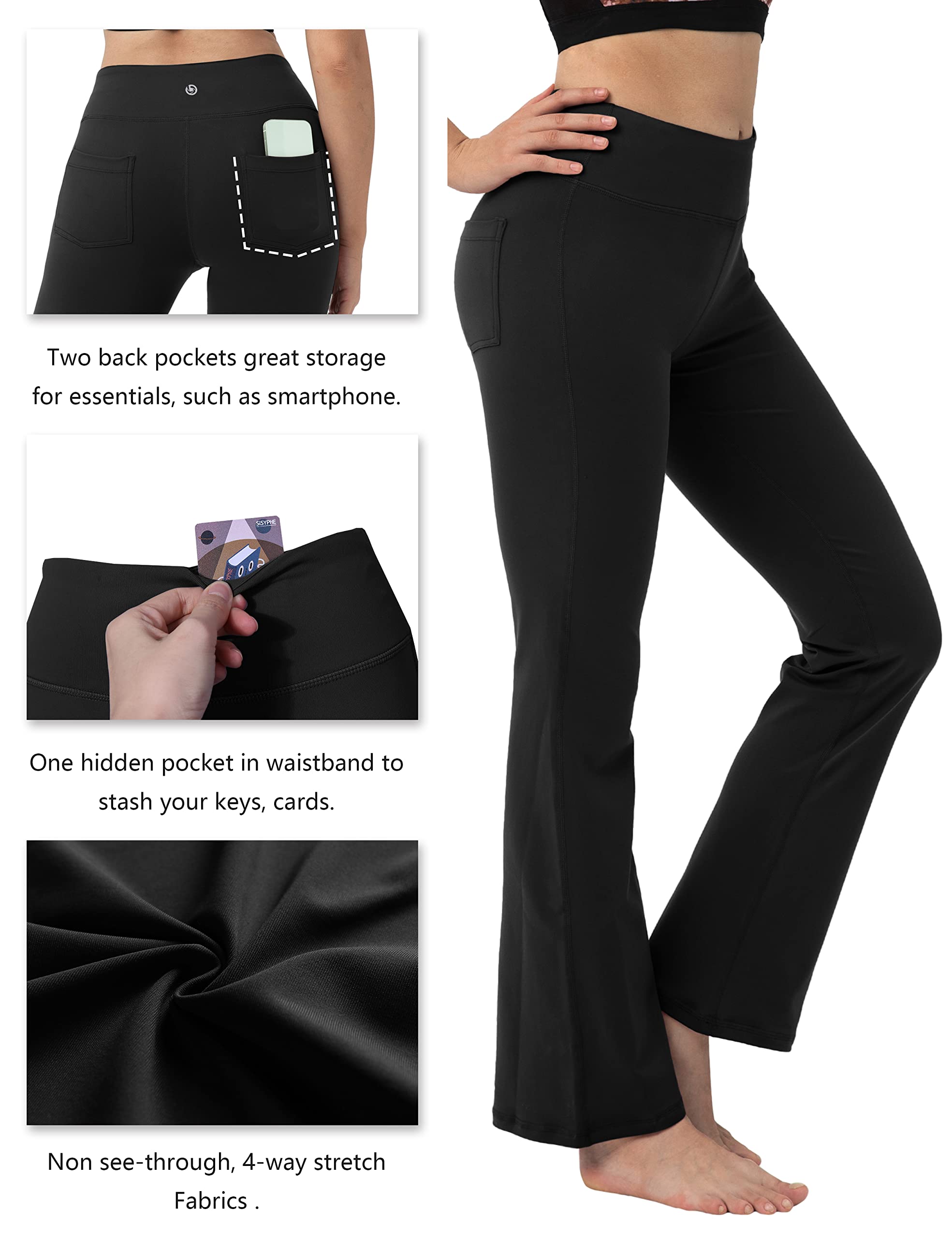 BUBBLELIME 29"/31"/33"/35" 4 Styles Women's Bootcut Yoga Pants Tummy Control - Back Pockets_Black M_29" inseam