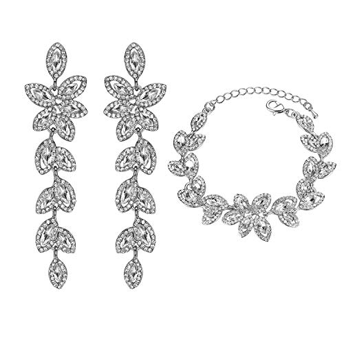 Mecresh Bride Jewelry Set Crystal Floral Leaf Crawler Chandelier Dangle Earring Bracelet Wedding Prom 2022 Fashion Jewelry Silver