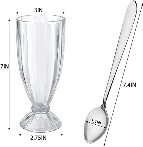 Cedilis 6 Pack Milkshake Glass with 6 Long Metal Spoons,Old Fashioned Soda Glasses, Fountain Classic Glass for Ice Cream, Clear, 12oz