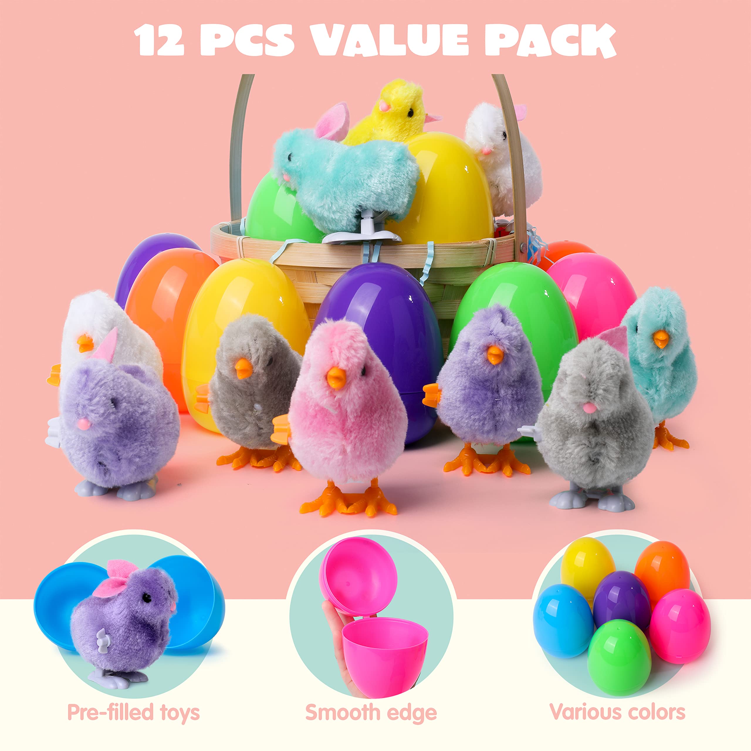 JOYIN 12 Pcs Easter Eggs Filled with Wind-up Toys, Colorful Egg Wind-Up Jumping Chicks and Bunnies for Kids Basket Stuffer, Hunt, Party Favors, Classroom Prize