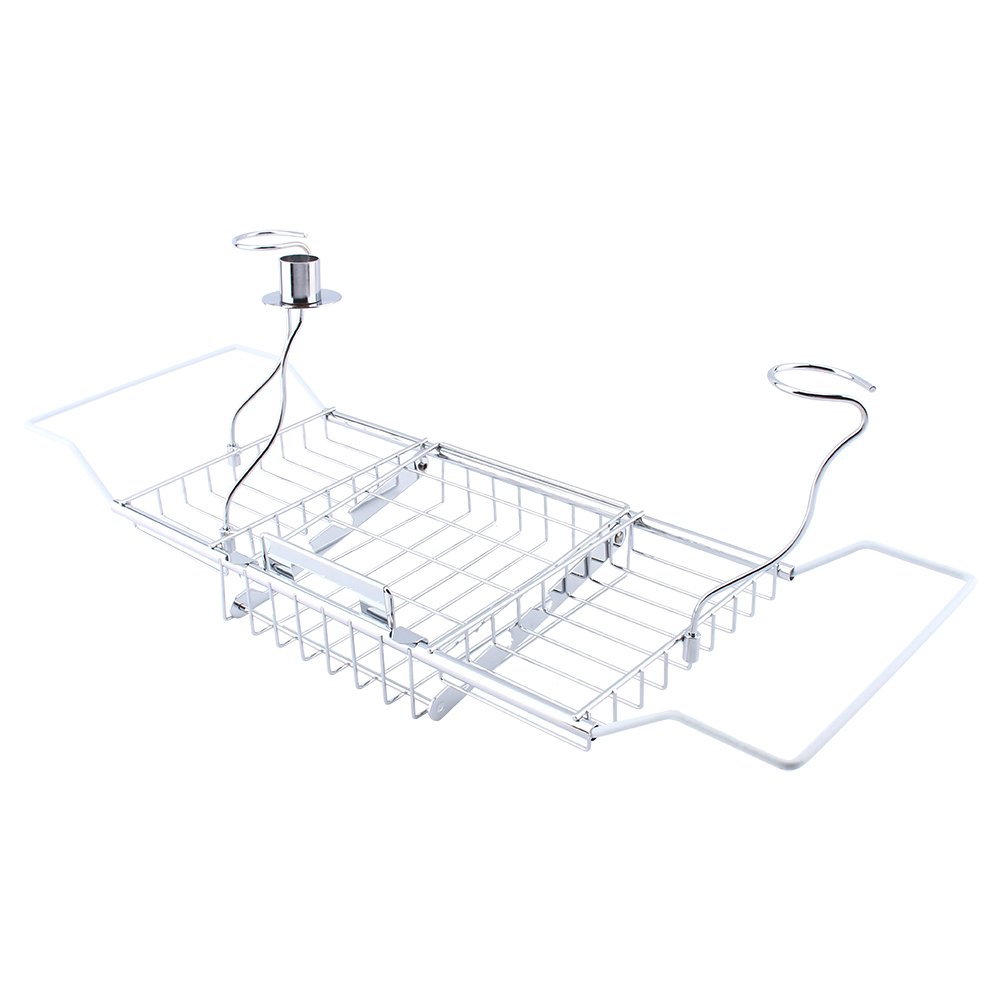 GOTOTOP Stainless Steel Bathtub Caddy Tray Red Wine Rack Holder Over Bath Tub Racks Expandable Shower Bathtub Tray Removable Wine Glass Book Holder