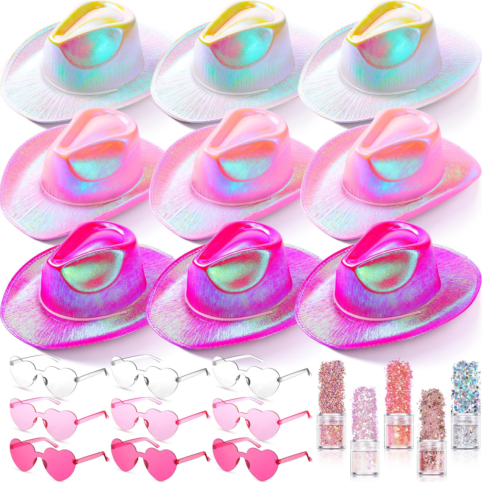 Coume 23 Pcs Cowboy Light up Hat Bulk Flashing Holographic Cowgirl Hats with Heart Sunglasses for Women Costume Accessories(Pink, White, Rose Red, Cute Style)