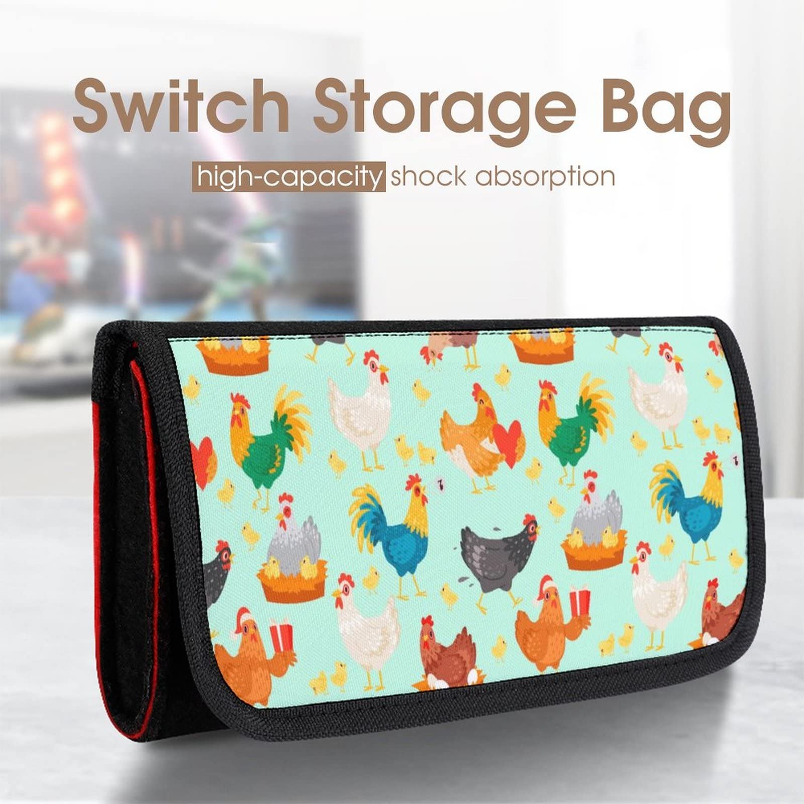 Chicken Characters in Different Poses Hen Carrying Bag Compatible with Switch Protective Case Slim Felt Pouch with 5 Game Cartridges Holders