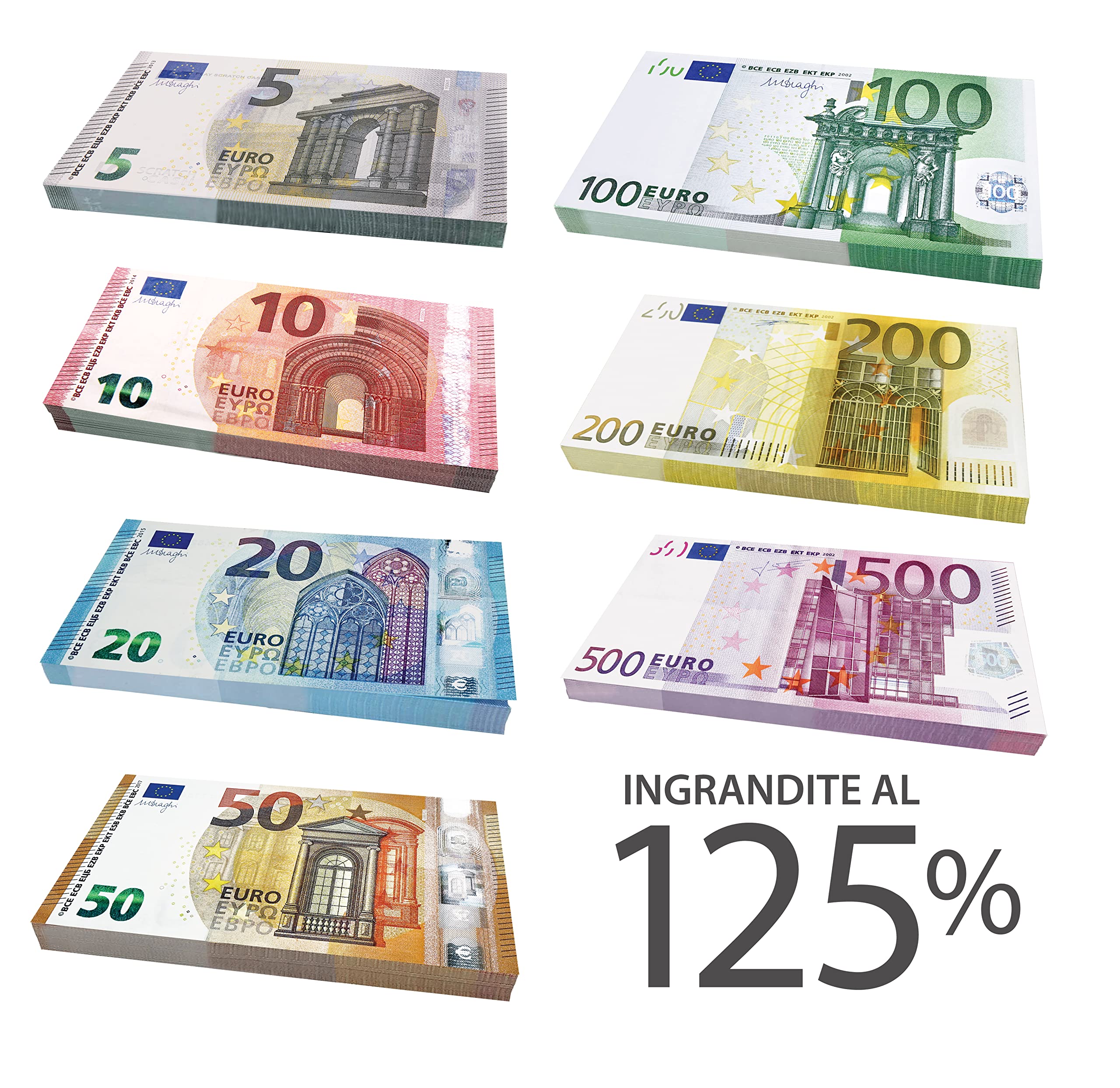 Scratch Cash Bundle Money to Play (Size Increased to 125% Compared to The Real Ones) 175 Banknotes - 7 Stacks of Euro 25 x € 5, 10, 20, 50, 100, 200 and 500