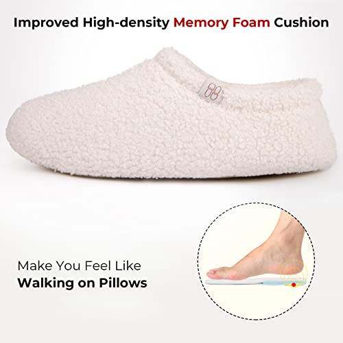 HomeTop Women's Fuzzy Curly Fur Memory Foam Loafer Slippers Bedroom House Shoes with Polar Fleece Lining (9-10, Cream White)
