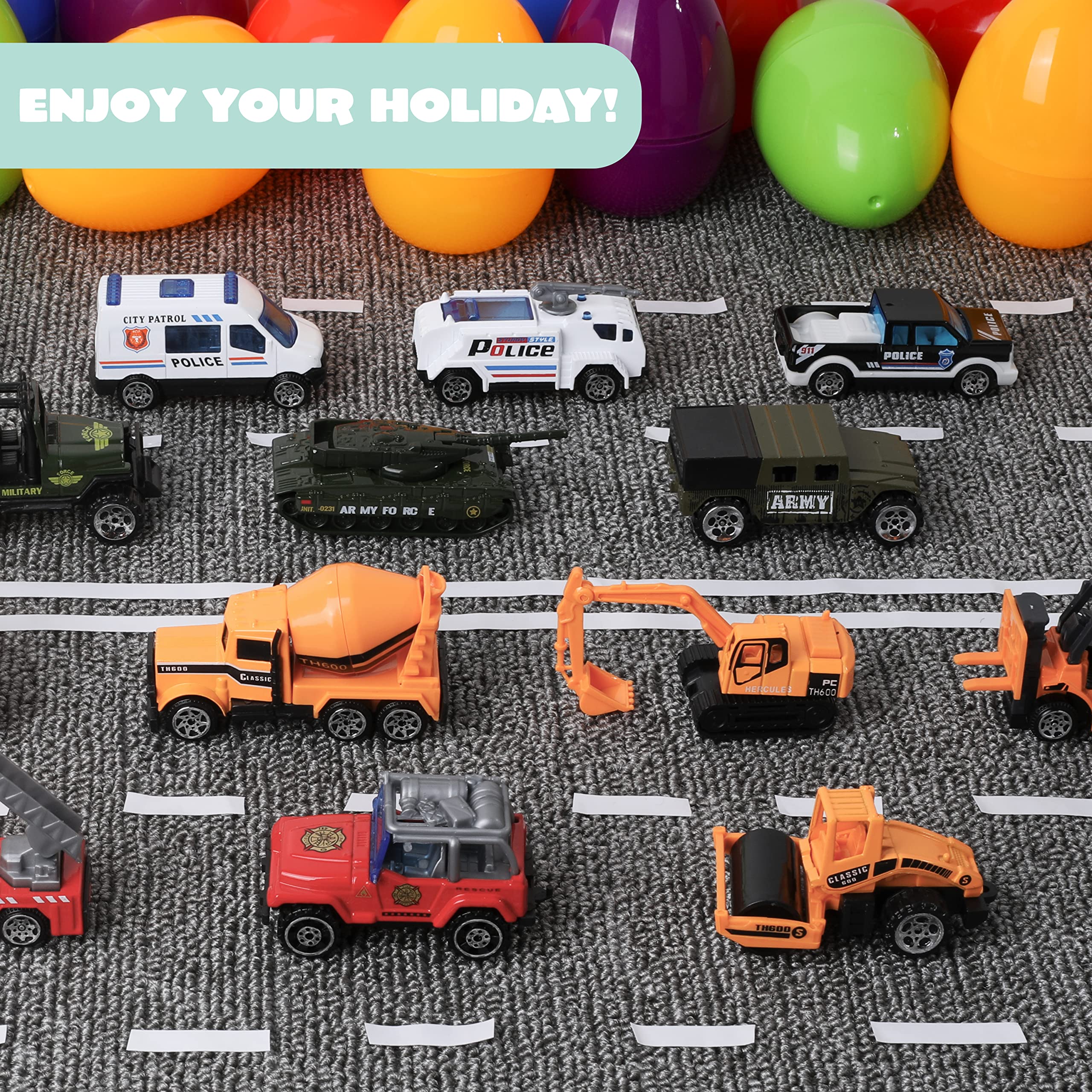 JOYIN 18 Pcs Jumbo Easter Eggs Filled with Die-cast Vehicles, Pull Back City Cars and Trucks Toy Prefilled Egg for Kids Basket Easter Stuffers, Party Favors and Easter Eggs Hunt