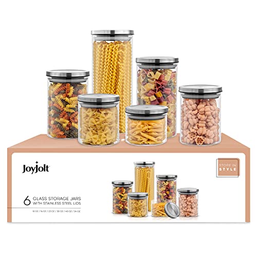 JoyJolt Kitchen Canister Set. 6 Glass Jars with Lids (Stainless Steel) Lids. Airtight Food Storage Containers for Pantry or Counter. Versatile Pantry Organization, Sugar Container or Cereal Canisters