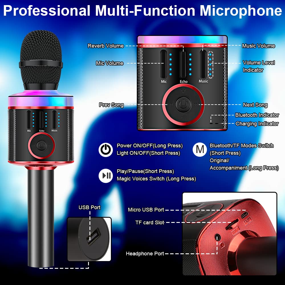 BONAOK Wireless Bluetooth Karaoke Microphone with LED Lights, Handheld Karaoke Machine with Magic Sing Recording for Kids Adults Gift Q31 (Red)
