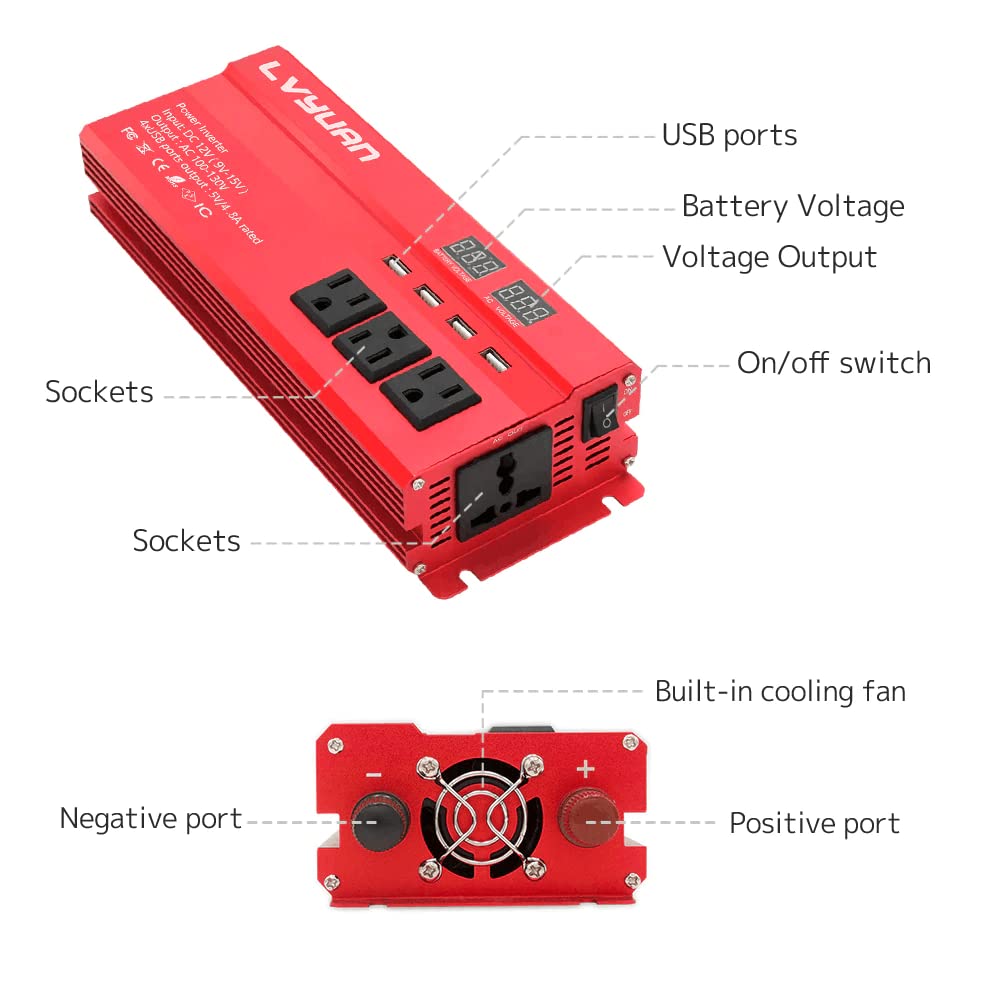 Cantonape 1000W/2000W(Surge) Car Power Inverter DC 12V to 110V AC with 4 Outlets, 4 USB Ports and Input/Output LED Display - Black