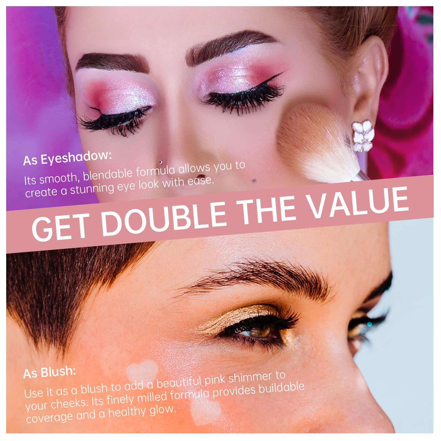 CarMela Powder Blush, Shimmery Pink Blush and Eyeshadow 2 in 1 Makeup Palette, Blendable Baked Blush