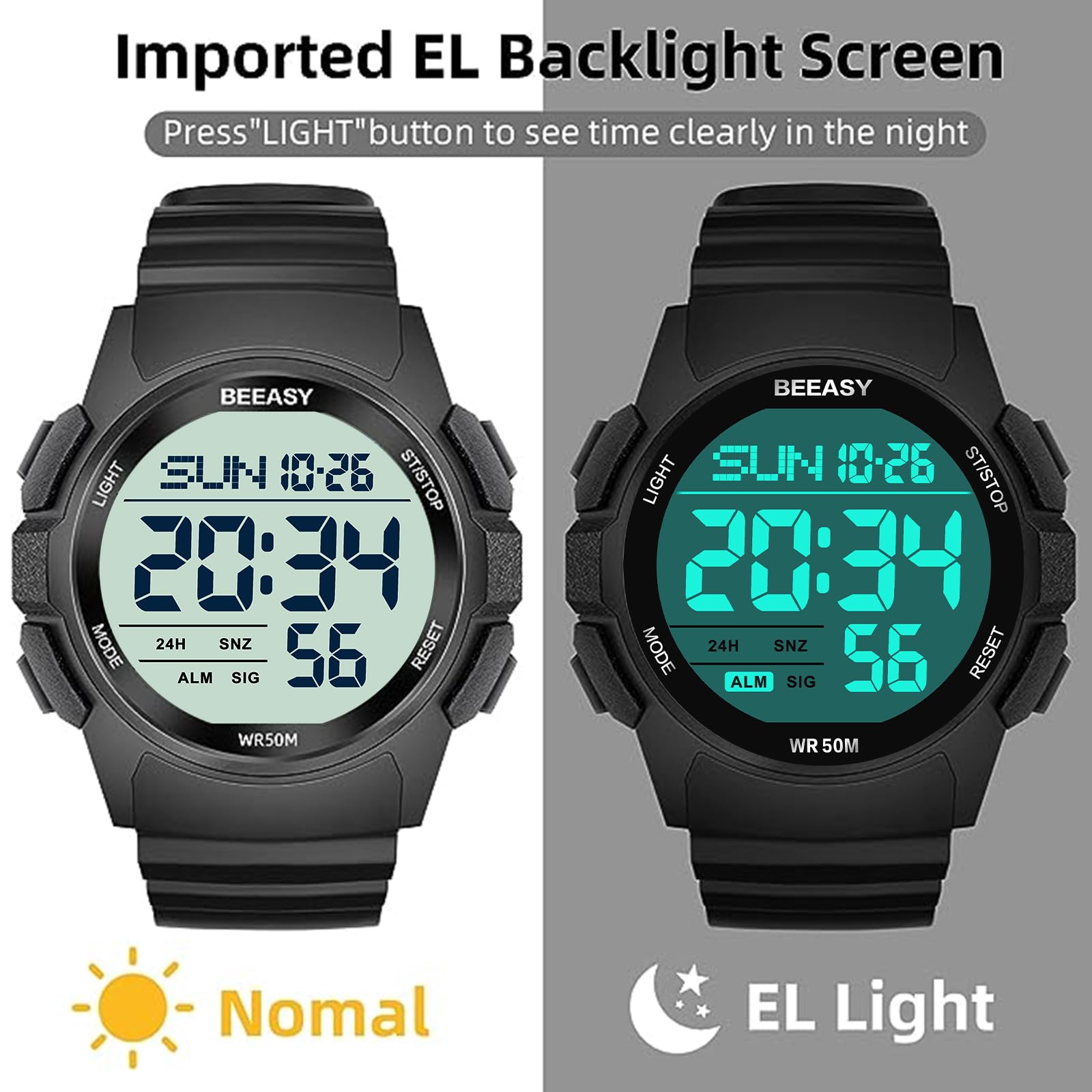 Beeasy Men Digital Sports Watch,Waterproof Watch with Stopwatch Countdown Timer Alarm Function Dual Time Rubber Strap Wrist Watch for Men/Student (05 White)