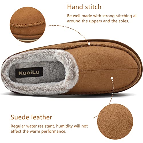 KuaiLu Mens Memory Foam Clog Slippers Comfy Handmade Stitch Microsuede Slip-on House Shoes With Arch Support Warm Faux Fur Lined Rubber Sole Indoor Outdoor Khaki Size 8.5