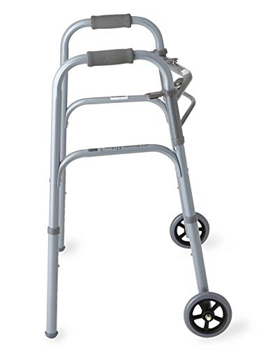 Medline Junior Two-Button Folding Walker with 5" Wheels, For Users 4'6" to 5'5"