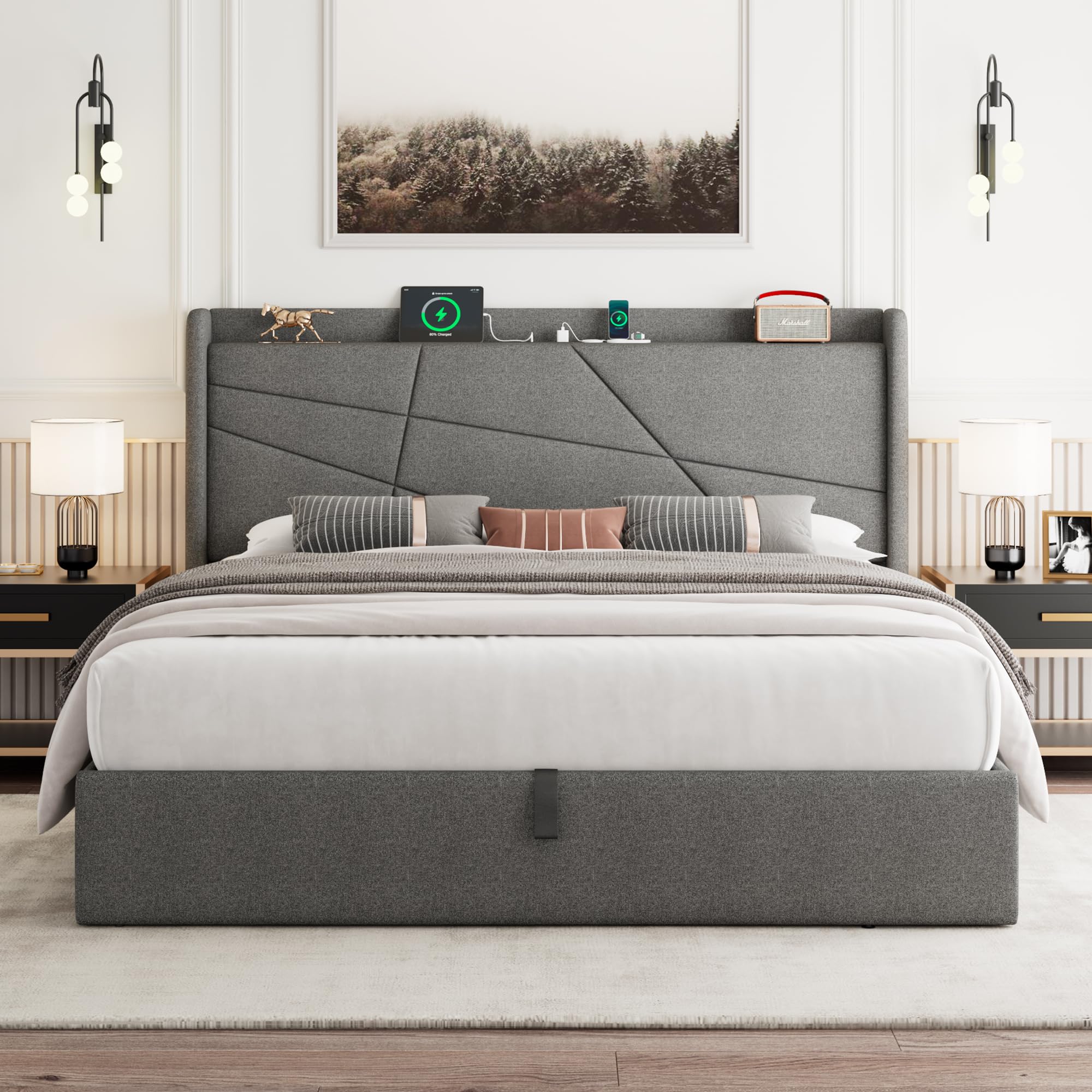 iPormis Queen Size Lift Up Storage Bed Frame with Charging Station, Upholstered Platform Bed Frame with Headboard, Hydraulic Storage, No Box Spring Needed, Noise-Free, Easy Assembly, Dark Grey