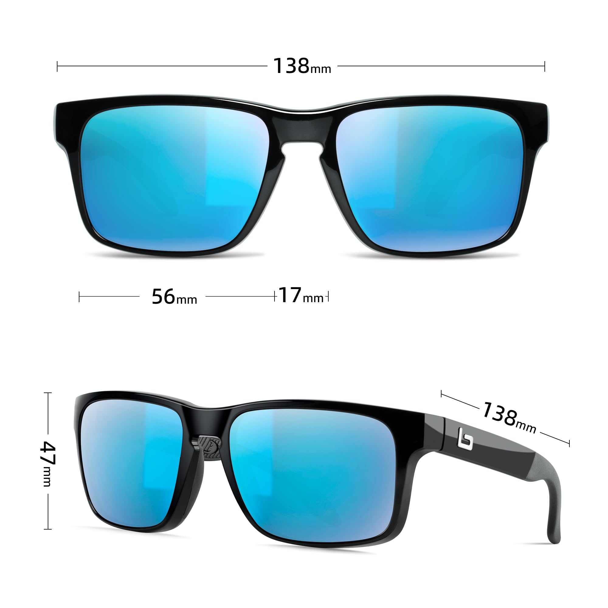 BNUS Italy made Polarized Sunglasses for men Corning Real Glass Lens (B7026 Shiny Black/Polarized G-15, Glass Lens Size XL)