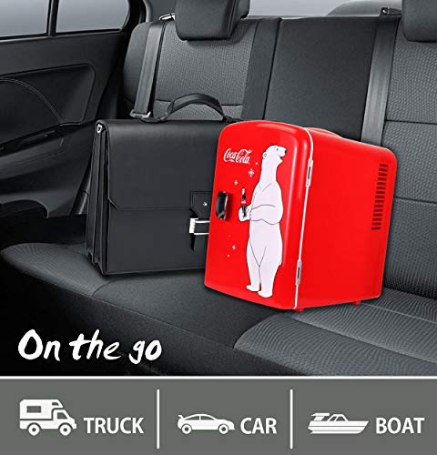 Coca-Cola 4L Portable Cooler/Warmer, Compact Personal-Travel-Fridge for Snacks Lunch Drinks Cosmetics, Includes 12V and AC Cords, Cute Desk Accessory for Home Office Dorm , Red, Polar Bear
