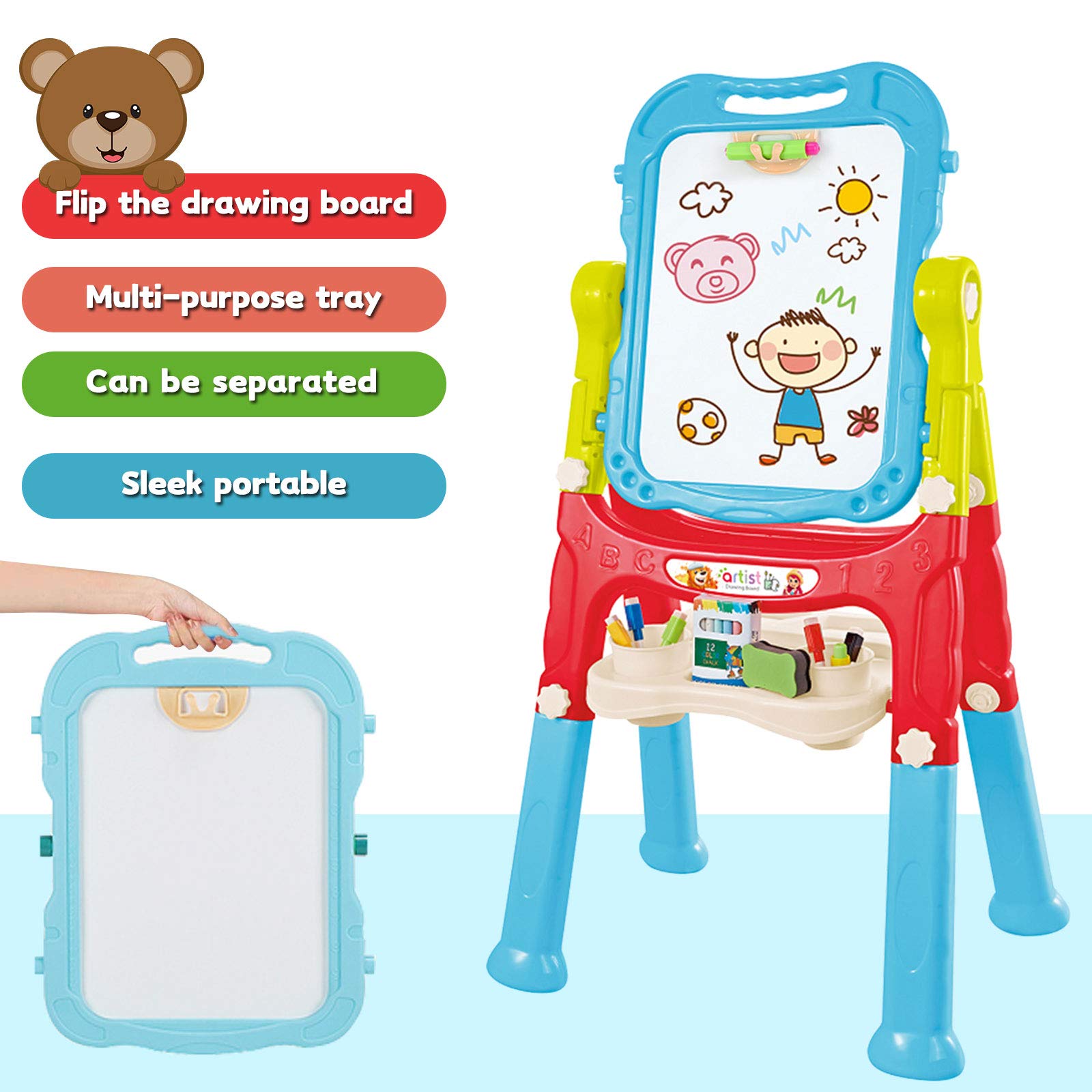 Mojitodon Easel for Kids,Rotatable Double Sided Adjustable Standing Art Easel with Painting Accessories for Toddlers Boys and Girls-Blue