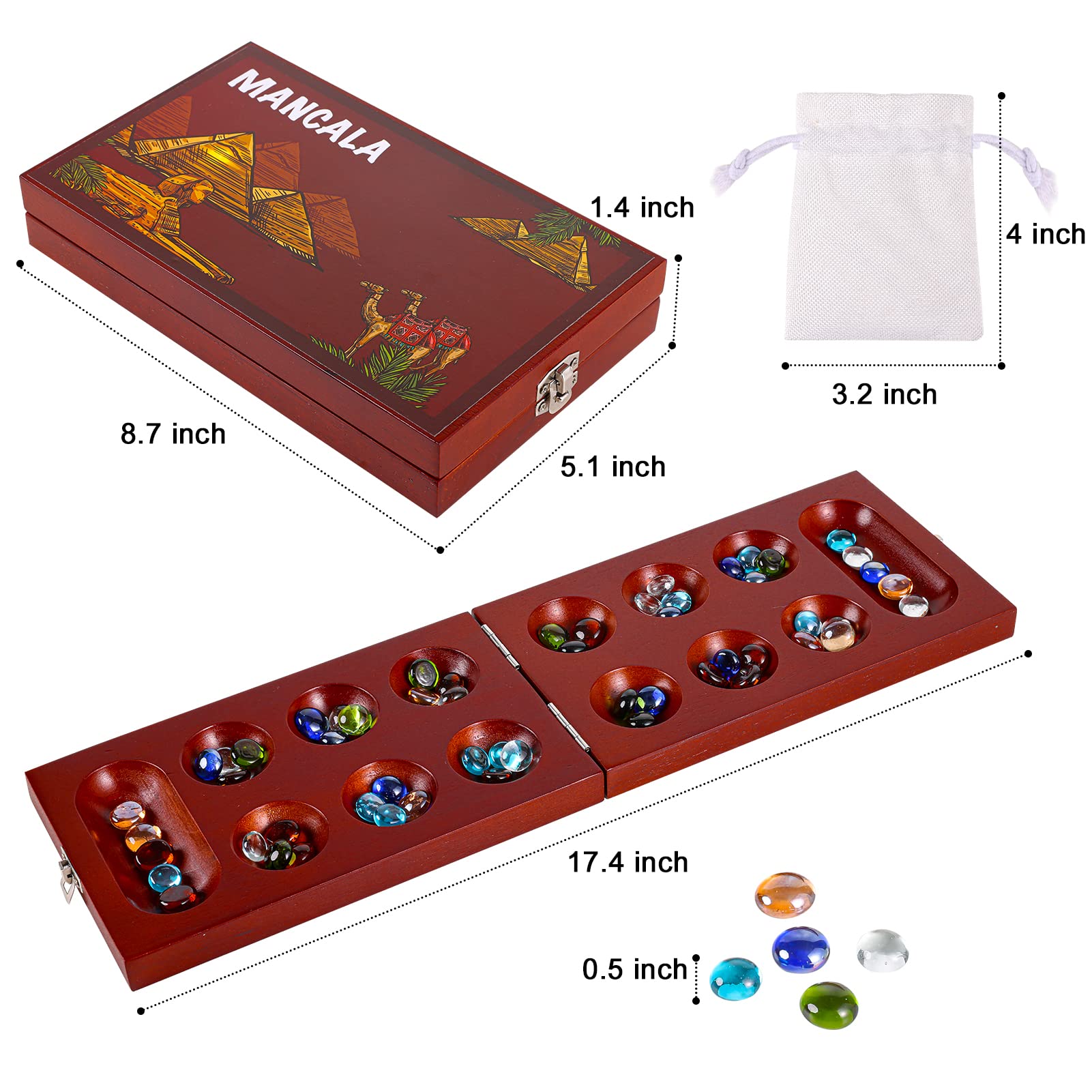 Ceebyfa Mancala Board Game for Kids, Adults & Family. Includes Folding Rubber Wood Board, 48+10 Colorful Mancala Stones & Instruction. Classic & Portable Marble Game for Travel