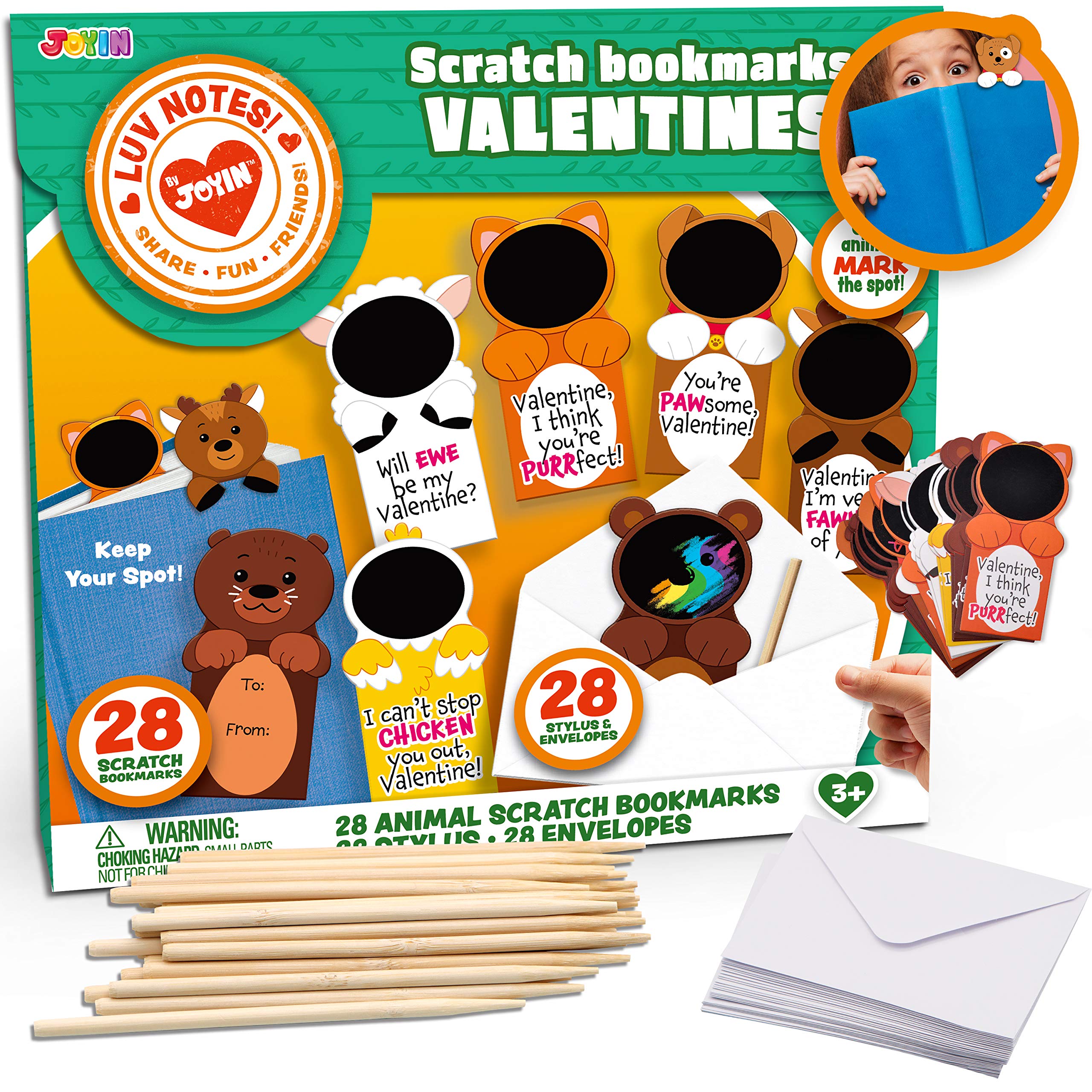 JOYIN 28 Packs Valentines Craft Scratch Cards Animal Bookmarks Set Valentines Day Craft Scartch Off Cards Set for Kids Valentine Art and Craft Party Supplies Classroom Gifts Valentine Bookmark Crafts