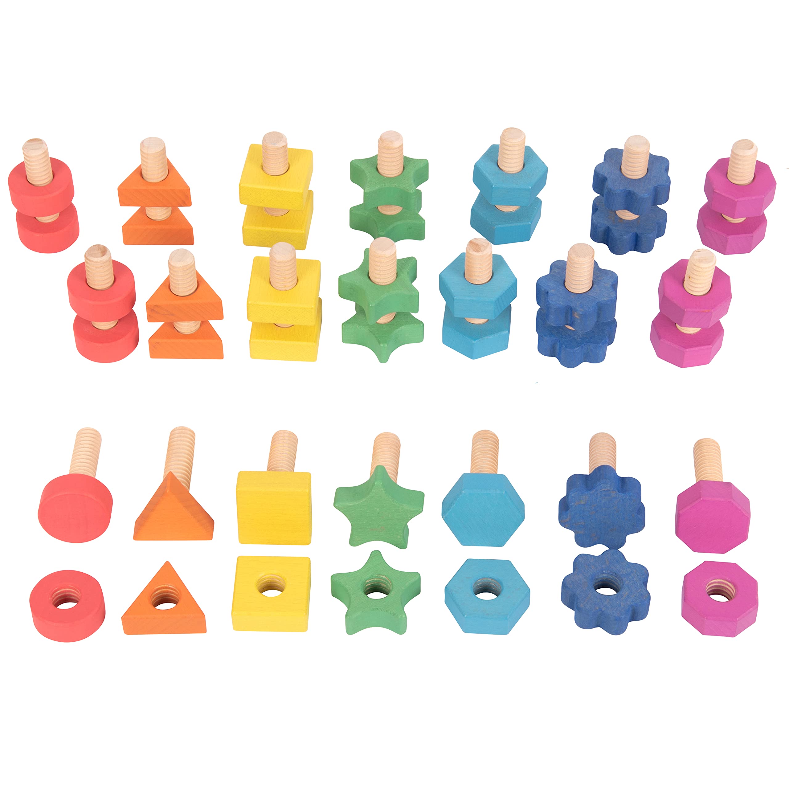 TickiT Rainbow Wooden Nuts & Bolts - Set of 21 - 7 Shapes and Colors - For Ages 18m+ - Loose Parts Wooden Toys for Toddlers and Preschoolers