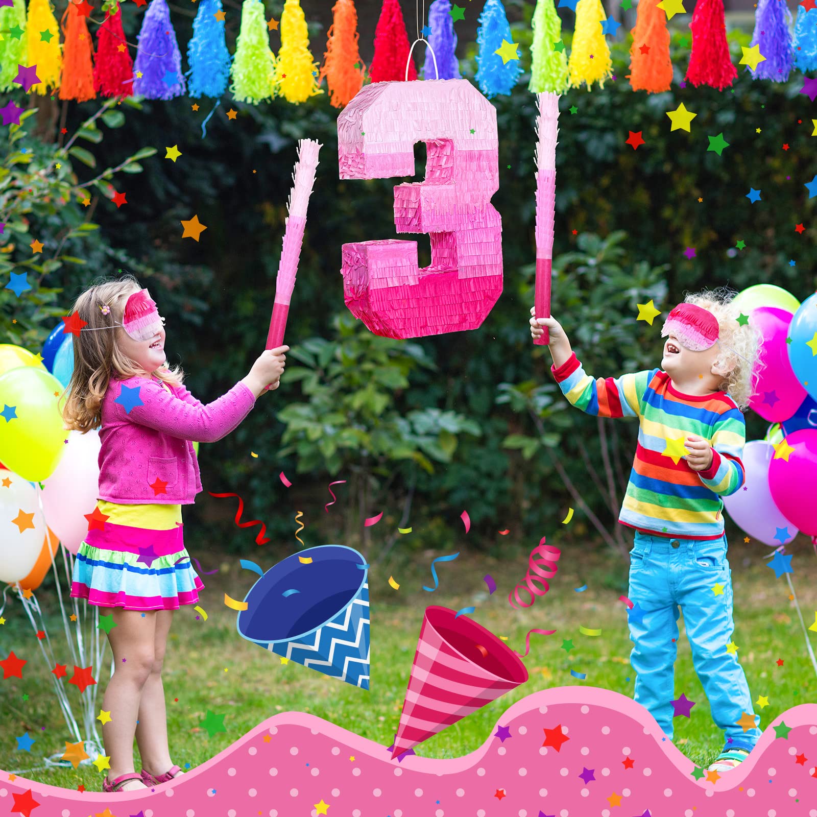 Number piñata Number Birthday piñata Decorations Gradient Pink piñata with Stick Blindfold Confetti for Girls Boys Birthday Anniversary Party Decorations Supplies (Number 3)