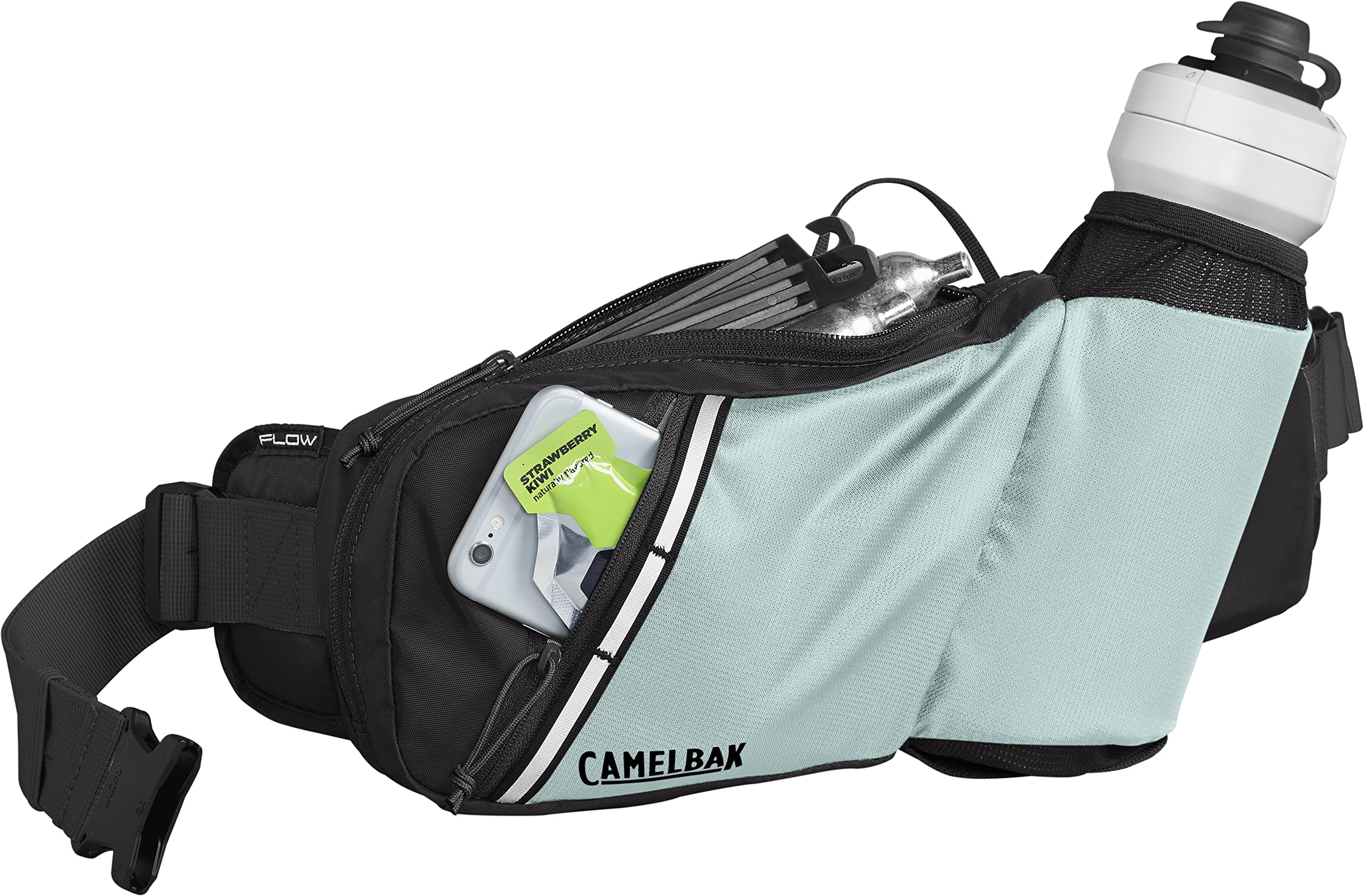 CamelBak Podium Flow Bike Hydration Belt - Easy Access Bottle Pocket - Podium Dirt Series Bottle - Adjustable Waist Buckle - Secure Zipper Pocket - 21oz, Mineral Blue/Silver
